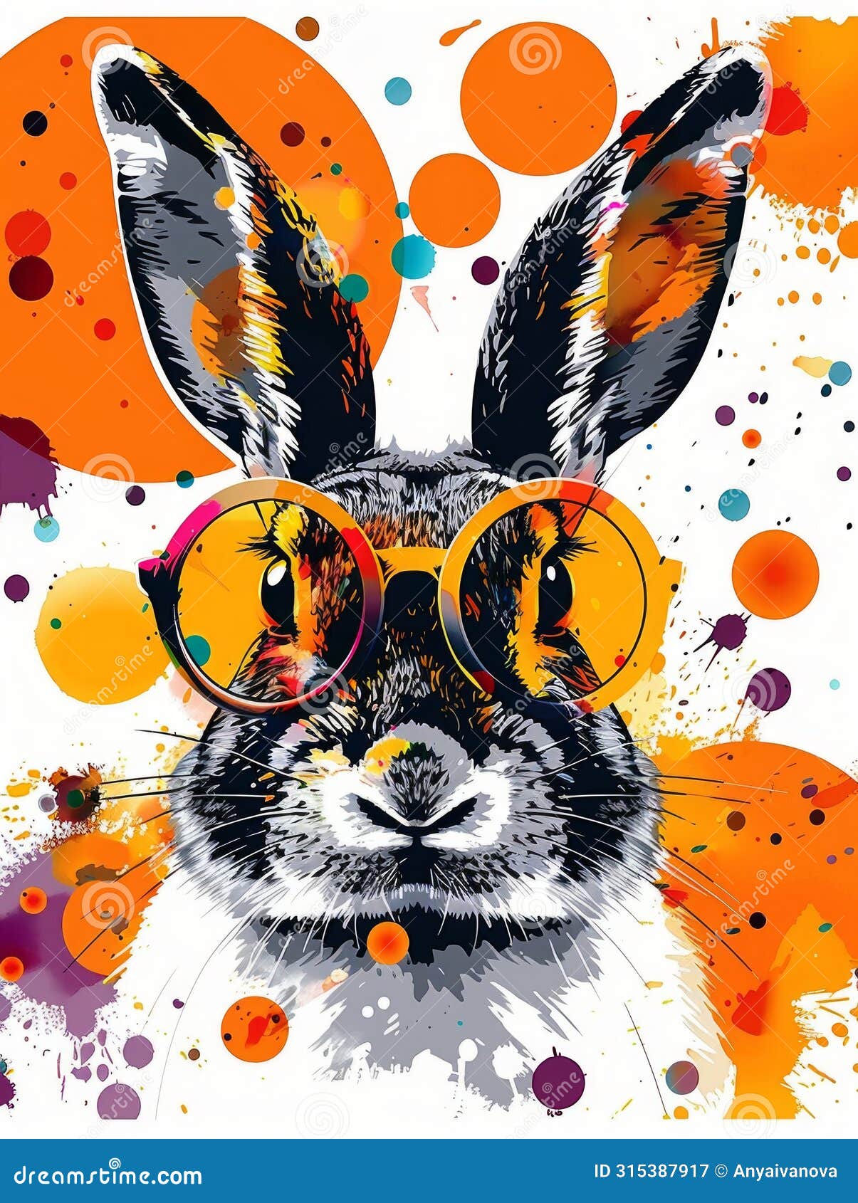 Colorful, Abstract Rabbit Artwork with Splatter and Glasses Stock Image ...