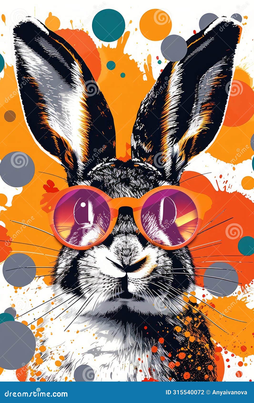 Colorful, Abstract Rabbit Artwork with Splatter and Glasses Stock Photo ...