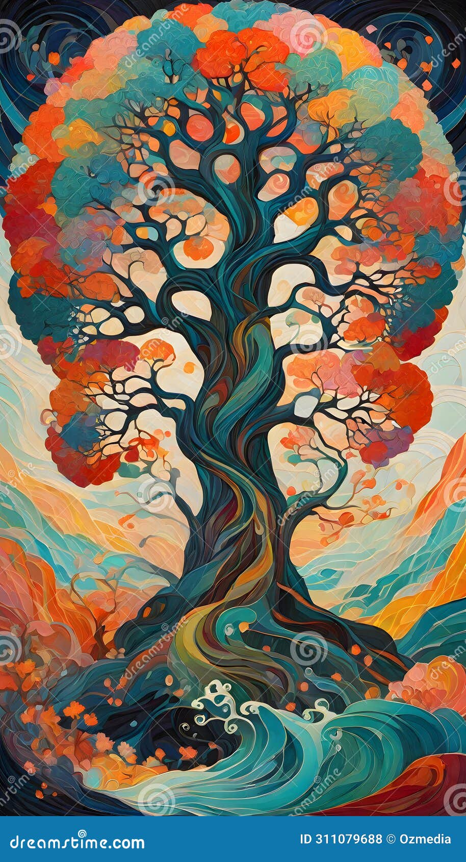 Colorful Abstract Tree with Swirling Patterns in Red and Blue Tones ...