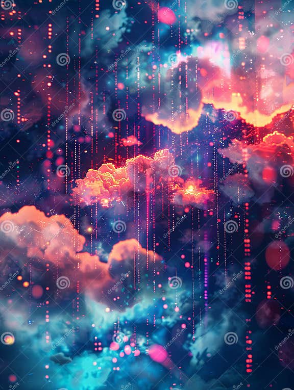 A Colorful Abstract Visualization of Cloud Computing with Digital Elements Representing Data ...