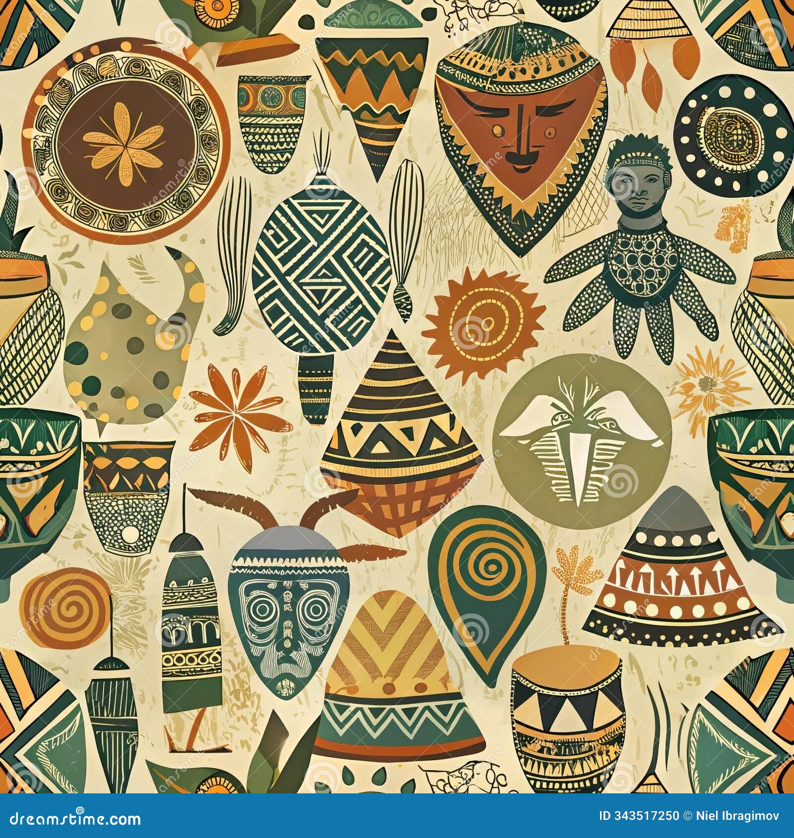 Colorful African Tribal Patterns and Traditional Artifacts Illustration ...