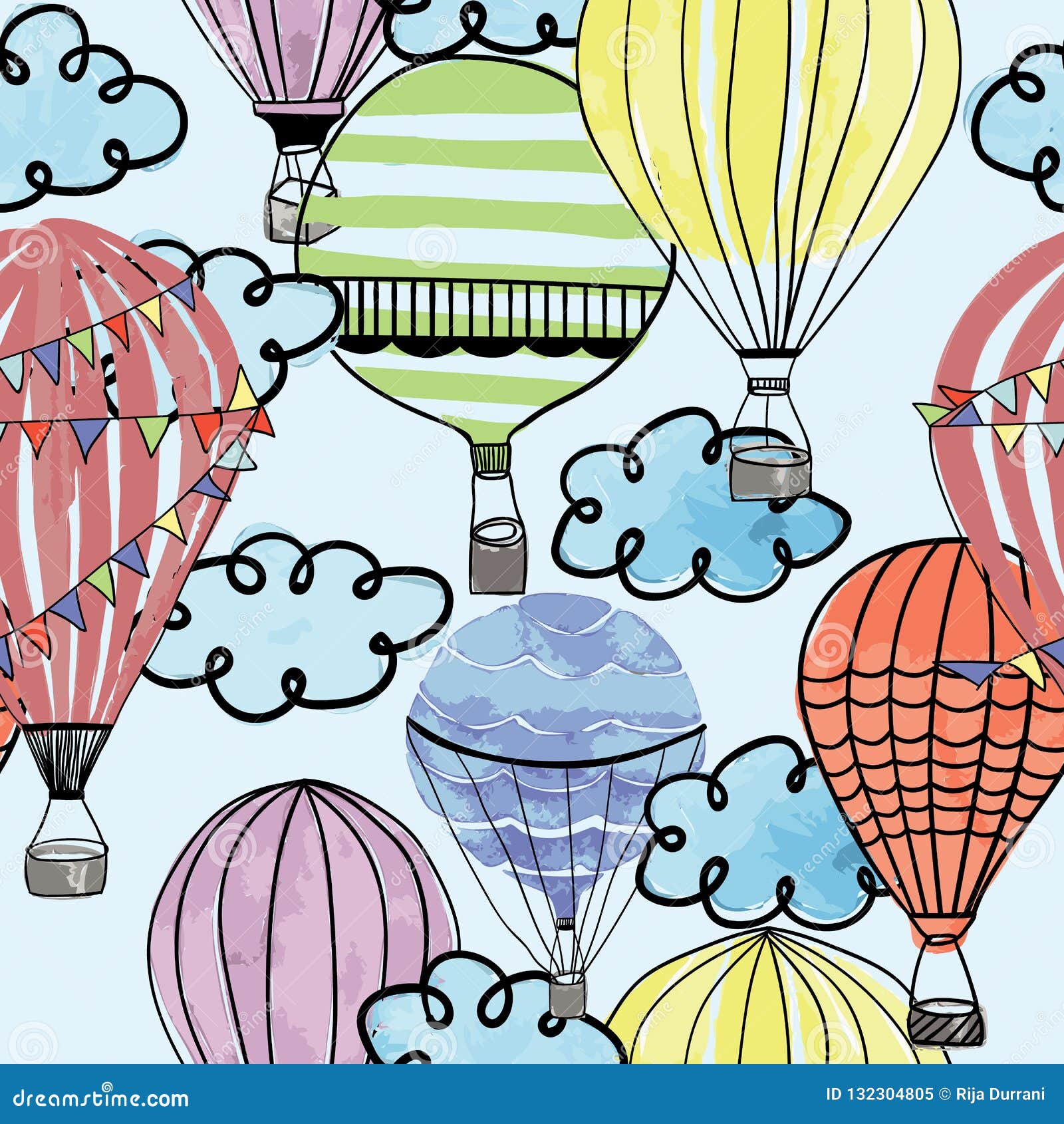 Colorful Air Balloon in the Sky Seamless Repeating Pattern Stock ...