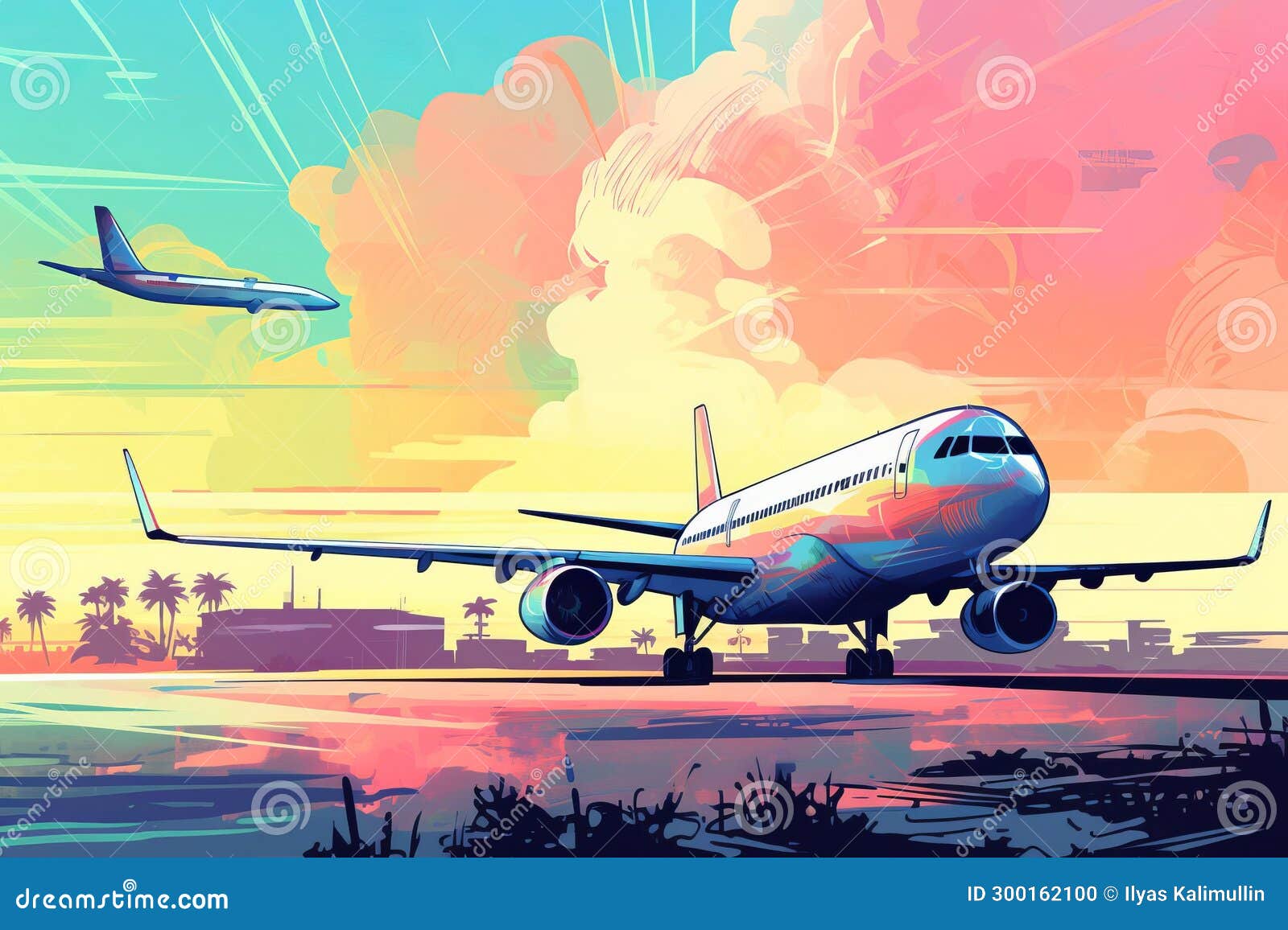 Colorful Airplane on a Runway Stock Illustration - Illustration of ...
