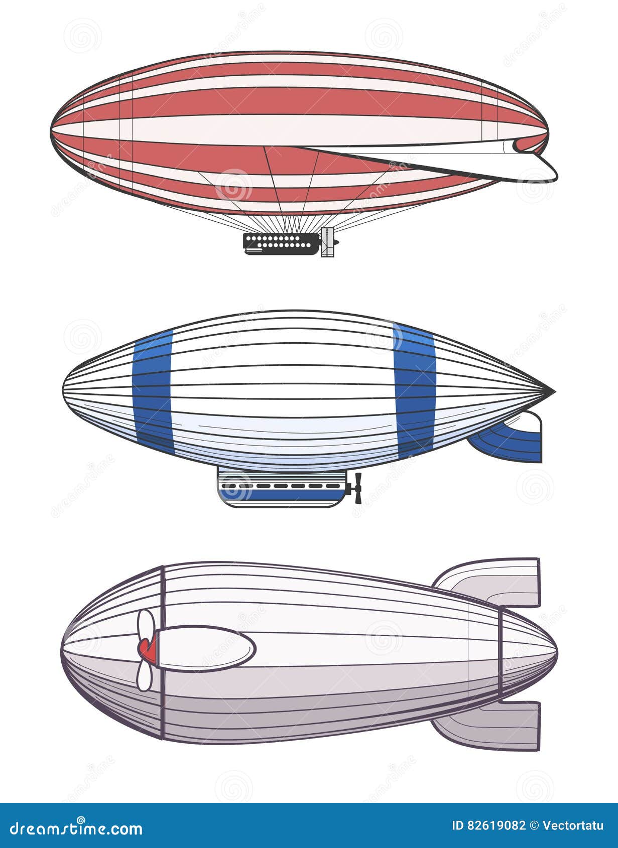 Zeppelins, Big Airships And Balloons With Cabin. Vector Illustrations ...