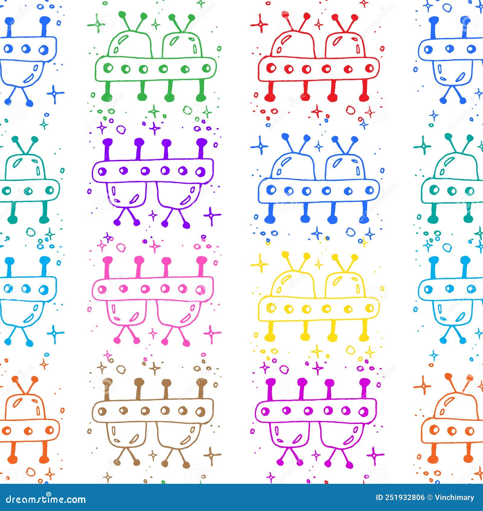 Colorful Alien Spaceship Doodle Illustration Seamless Pattern Stock ...