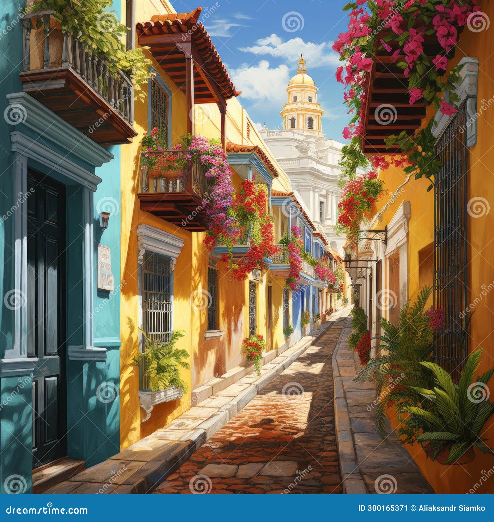 A Colorful Alleyway with Flowers on the Side Stock Illustration ...