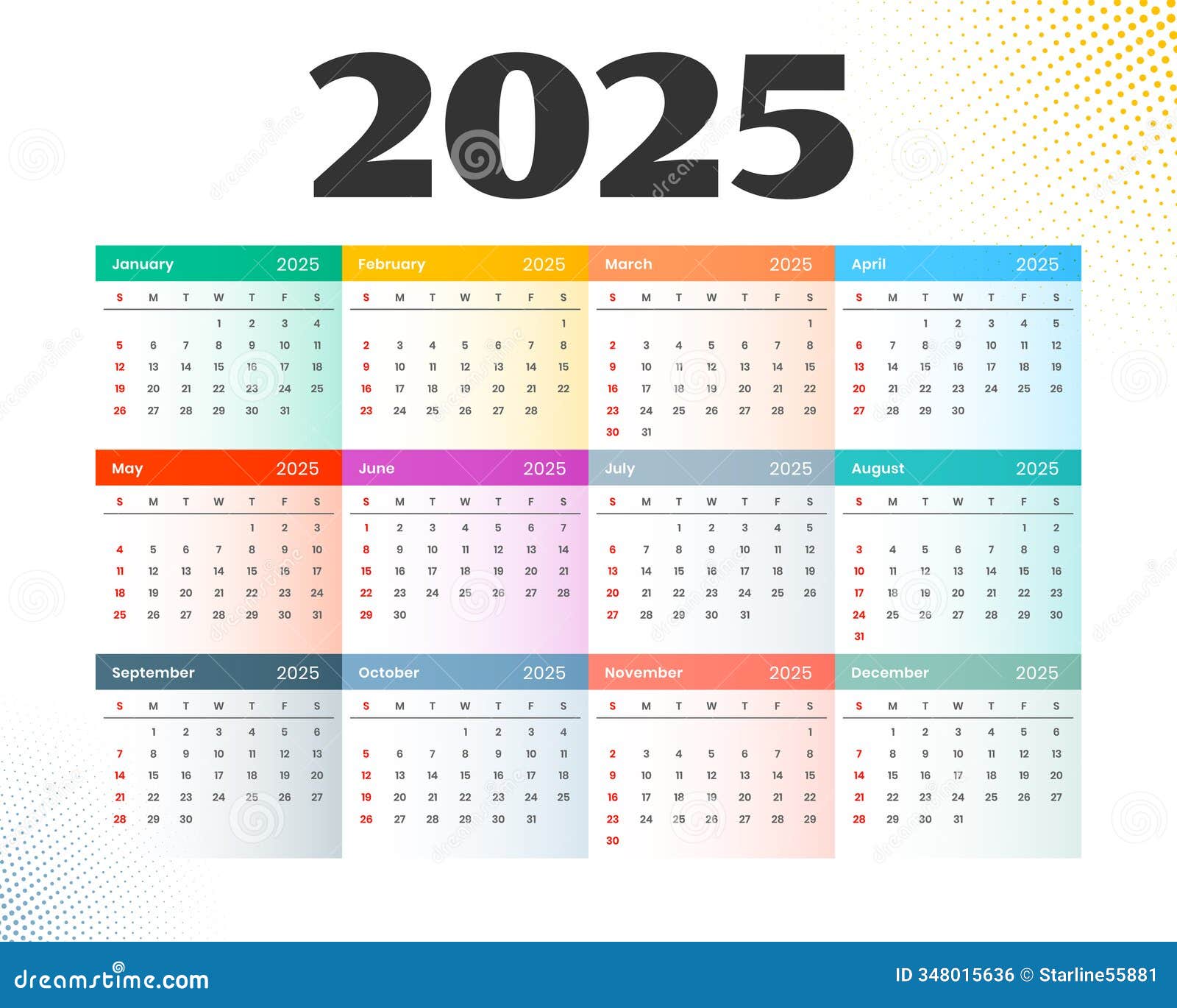 Colorful 2025 Annual Calendar Template in Modern Style Stock ...
