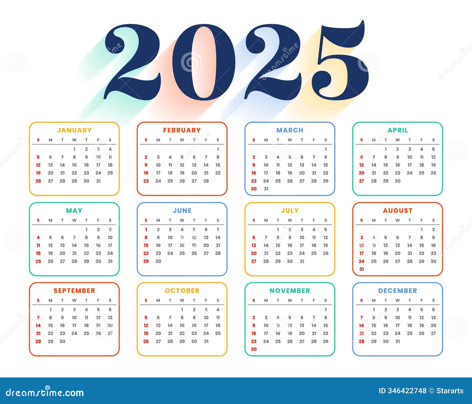 2025 Colorful Annual Calendar Template A Printable Design Vector ...