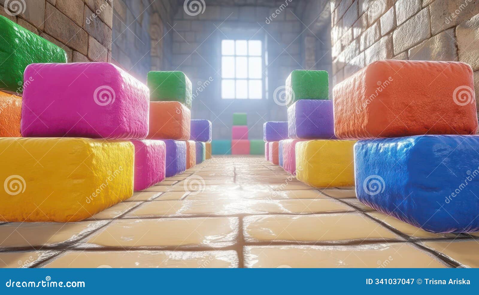 A Colorful Arrangement of Blocks in a Bright, Stone-walled Room Stock ...