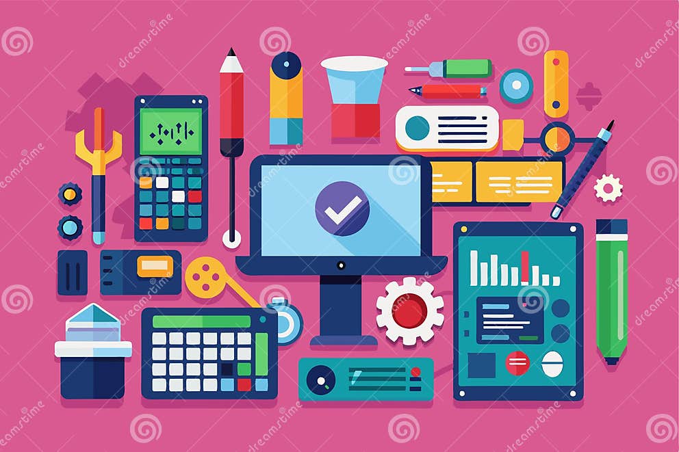A Colorful Arrangement of Digital Tools, Office Supplies, and Tech ...