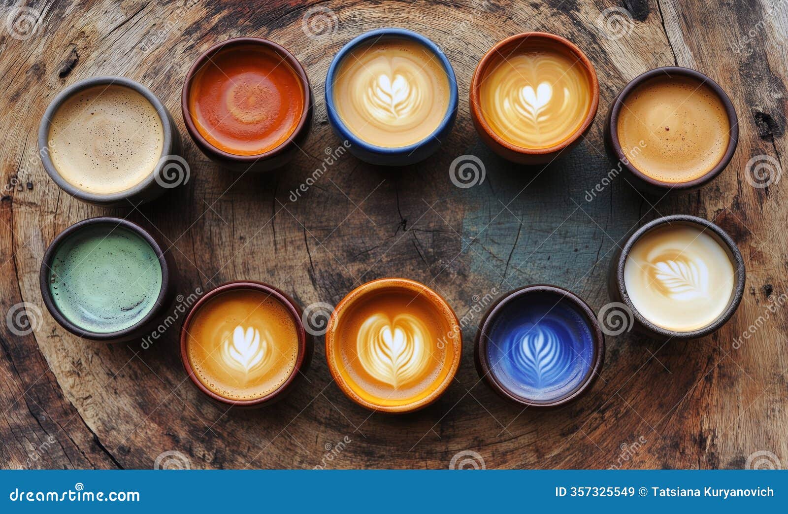 Colorful Array of Coffee Cups with Latte Art on Wooden Table ...