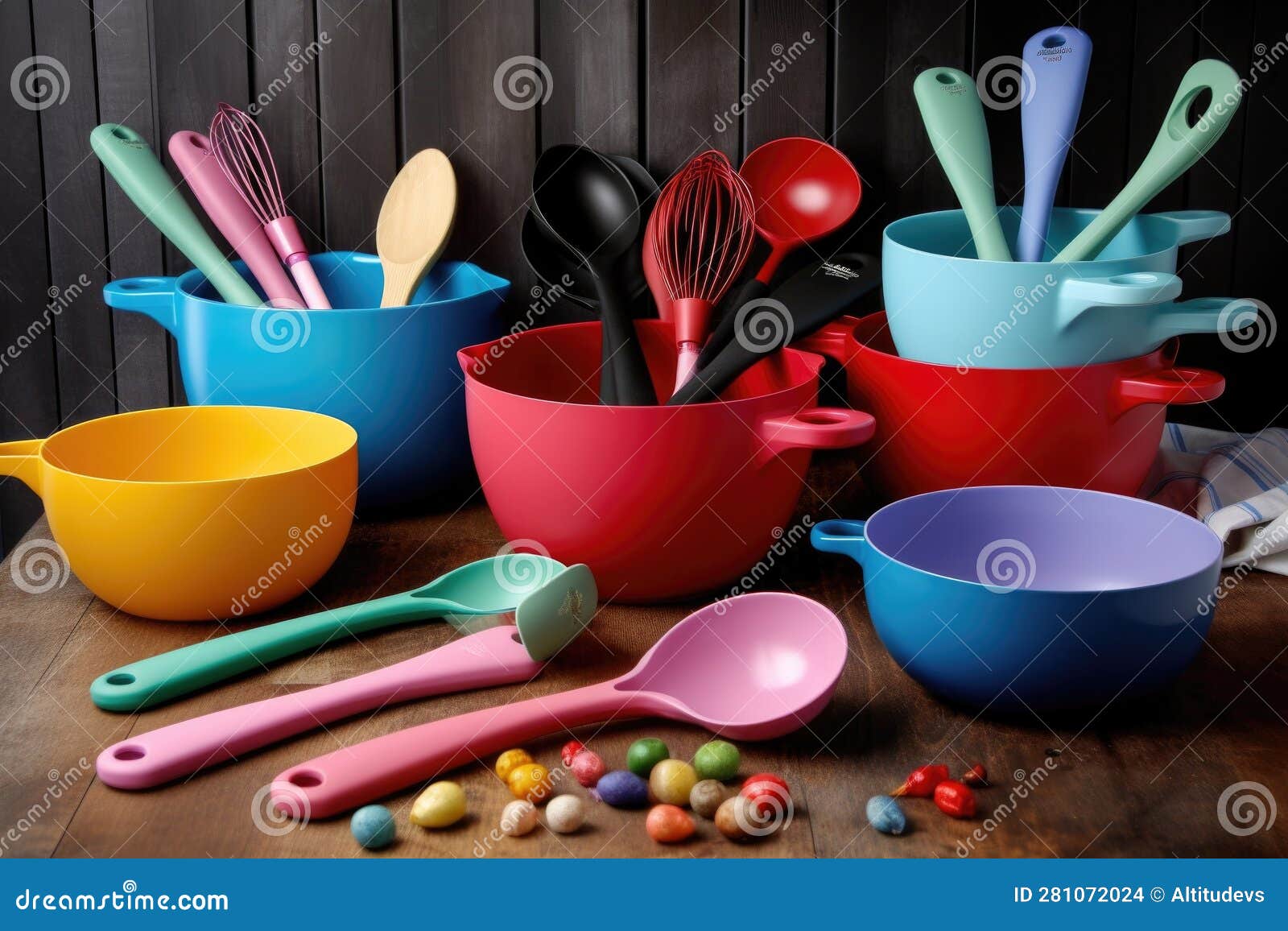 A Colorful Array of Cooking Utensils, Including Mixing Bowls and ...