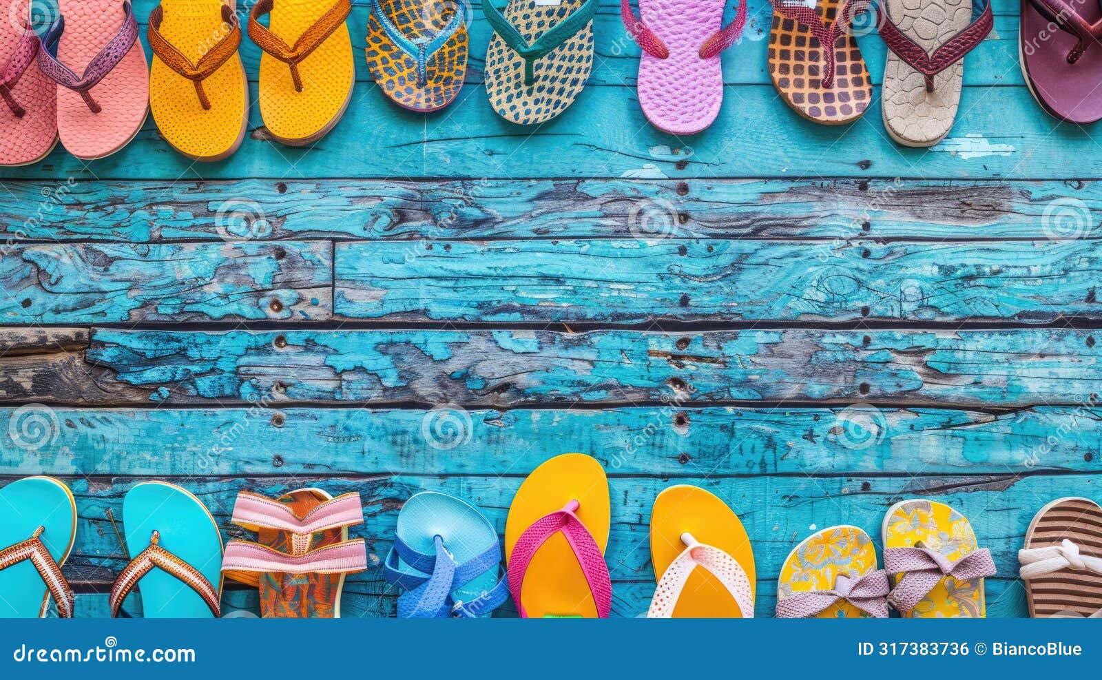 Colorful Flip Flops Arranged in a Row on a Wooden Table AIG50 Stock ...