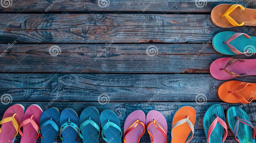 Colorful Flip Flops Arranged in a Row on a Wooden Table AIG50 Stock ...