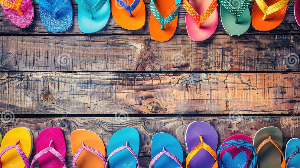 Colorful Flip Flops Arranged in a Row on a Wooden Table AIG50 Stock ...