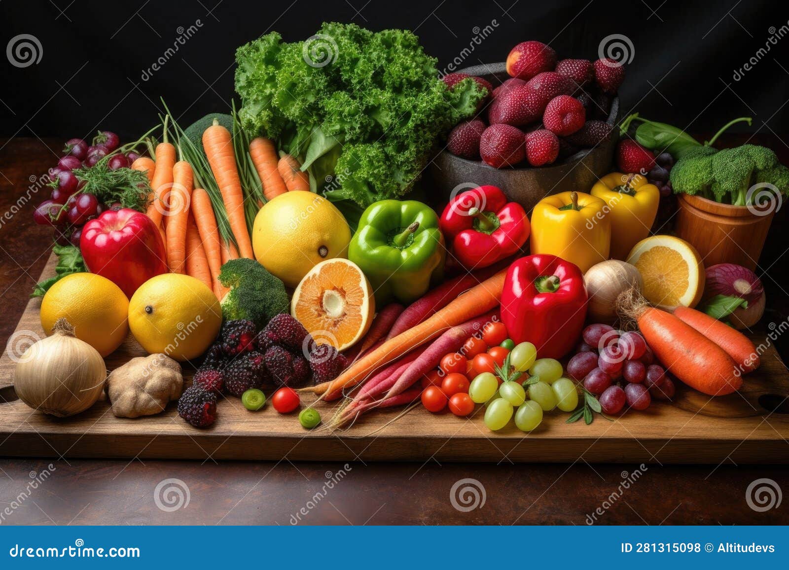 A Colorful Array of Fruits and Vegetables on a Wooden Board Stock ...