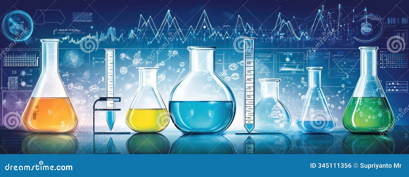 A Colorful Array of Laboratory Glassware Filled with Liquids Symbolizing Scientific Research ...