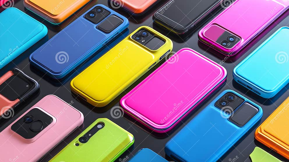 A Colorful Array of Modern Smartphones on a Black Reflective Surface ...