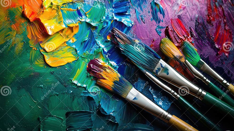 A Colorful Array of Paint Splashes and Various Brushes Rests on a ...