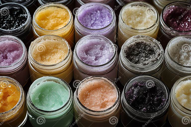 Colorful Array of Scented Scrubs in Jars Displayed on a Dark Surface ...