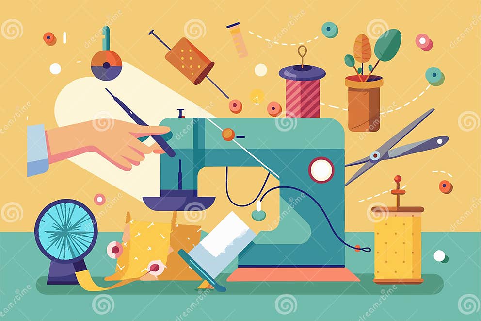 A Colorful Array of Sewing Supplies and Tools with a Sewing Machine in a Bright Workspace Hand ...