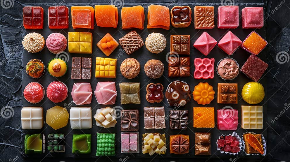 A Colorful Array of Small, Square Candies Arranged in Rows on a Black ...