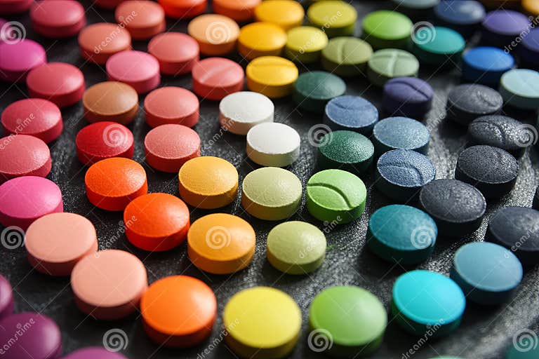 Colorful Array of Tablets Arranged in a Rainbow Pattern on a Black ...