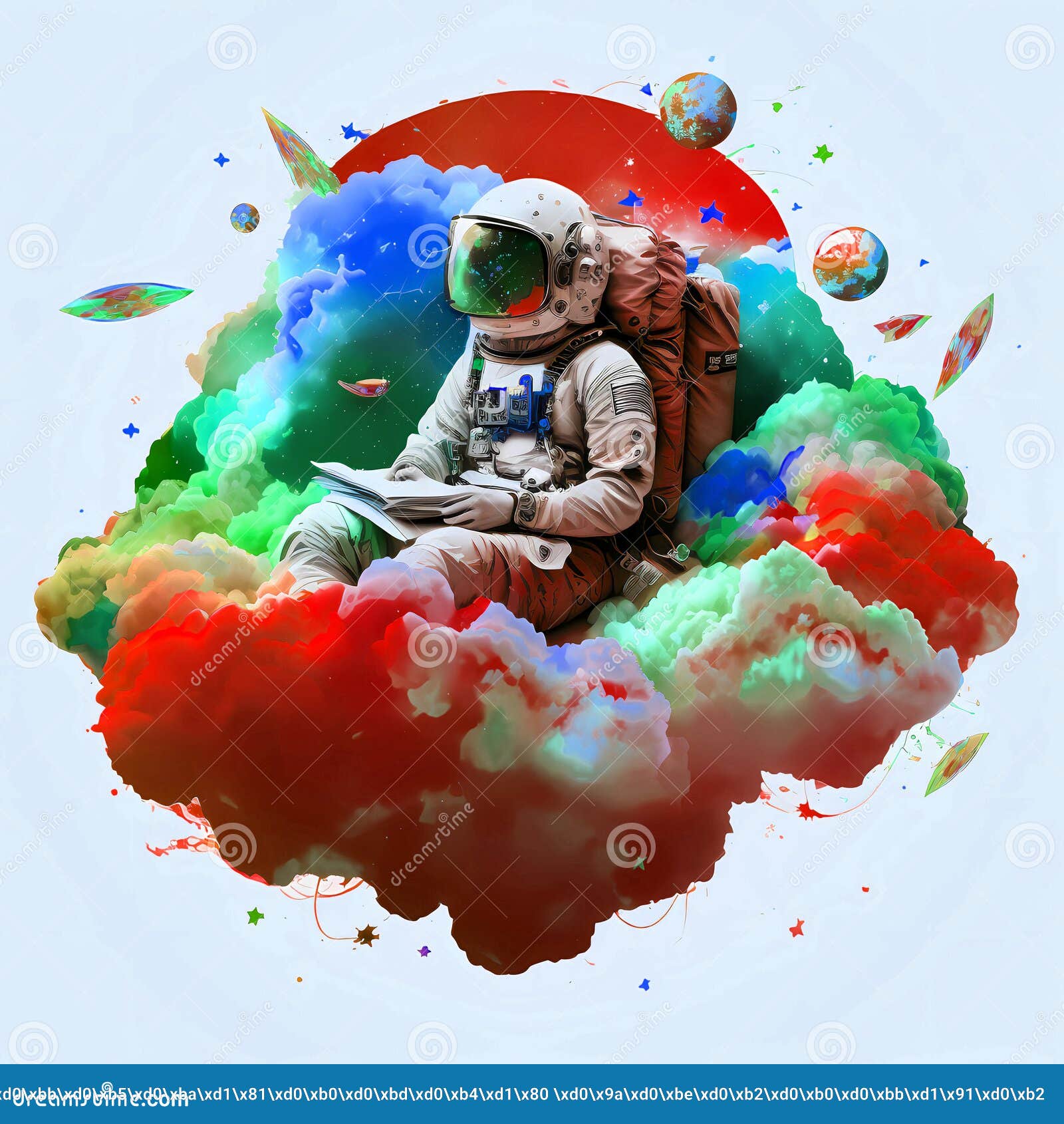 Colorful Art Backdrop with Cosmonaut in Clouds with Book Stock ...