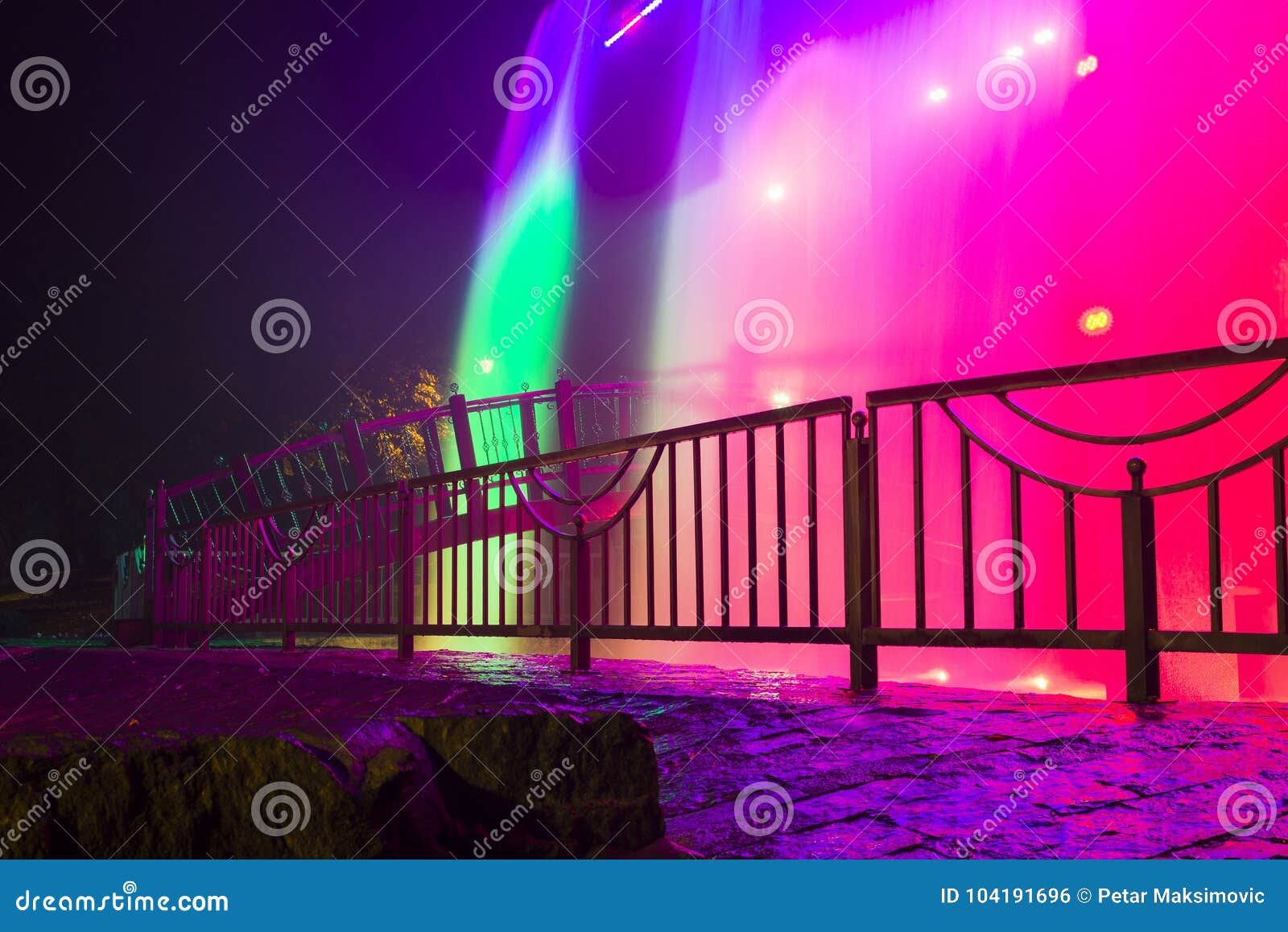 Colorful Artificial Waterfall at Night Stock Photo - Image of dark ...