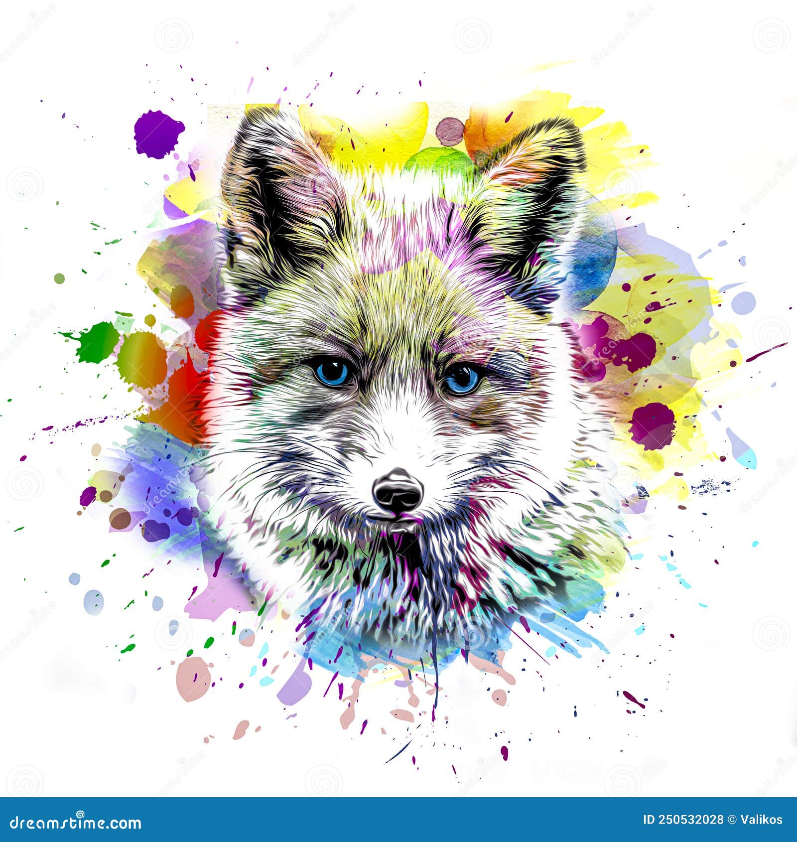 Colorful Artistic Fox Muzzle with Bright Paint Splatters on Dark ...