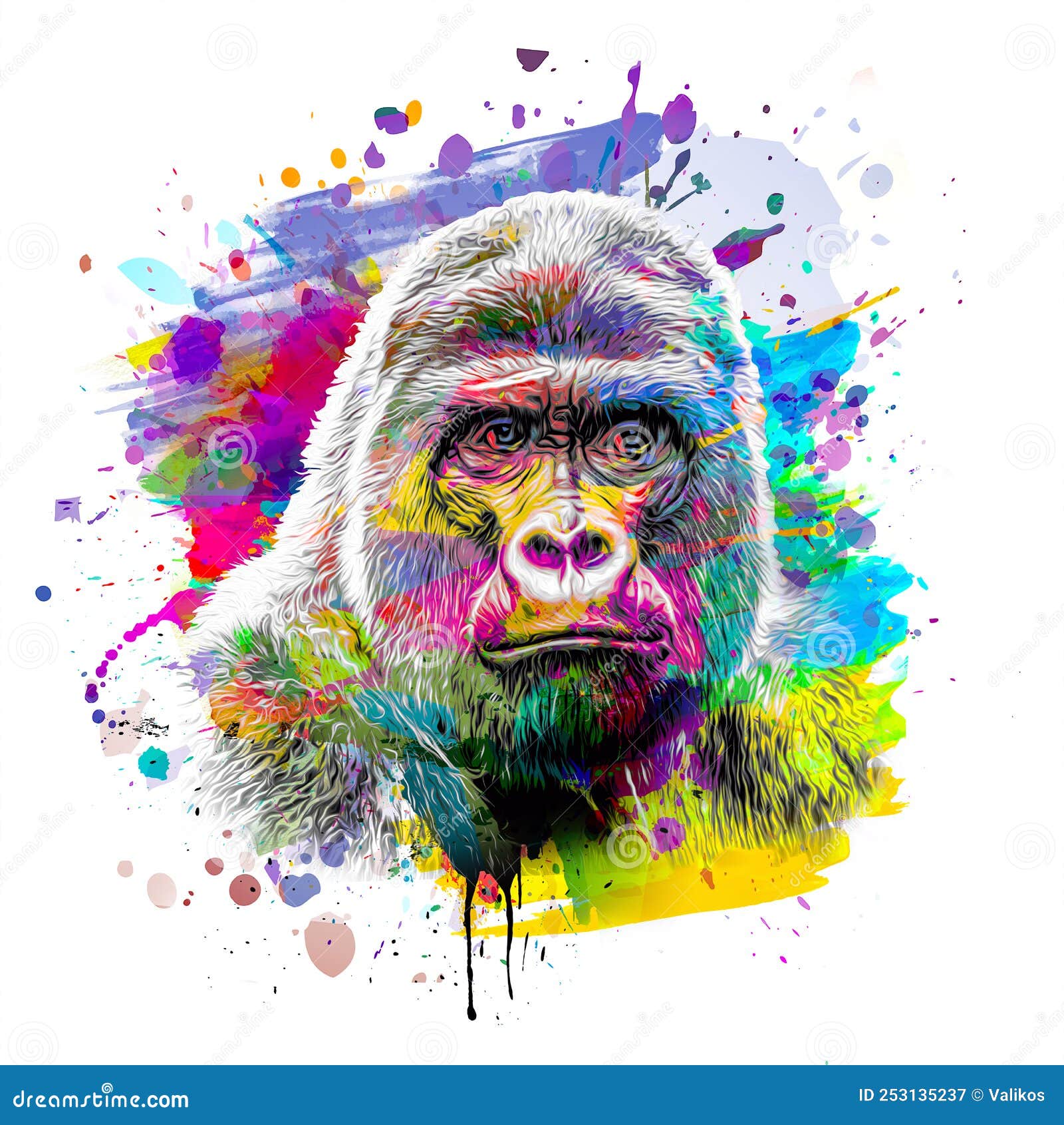 Colorful Artistic Gorillas Monkey Muzzle With Bright Paint Splatters On ...