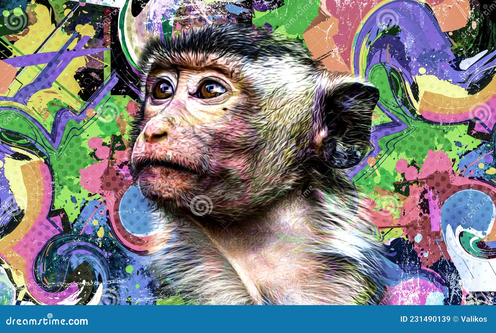 Colorful Artistic Monkey Muzzle with Bright Paint Splatters on Dark ...