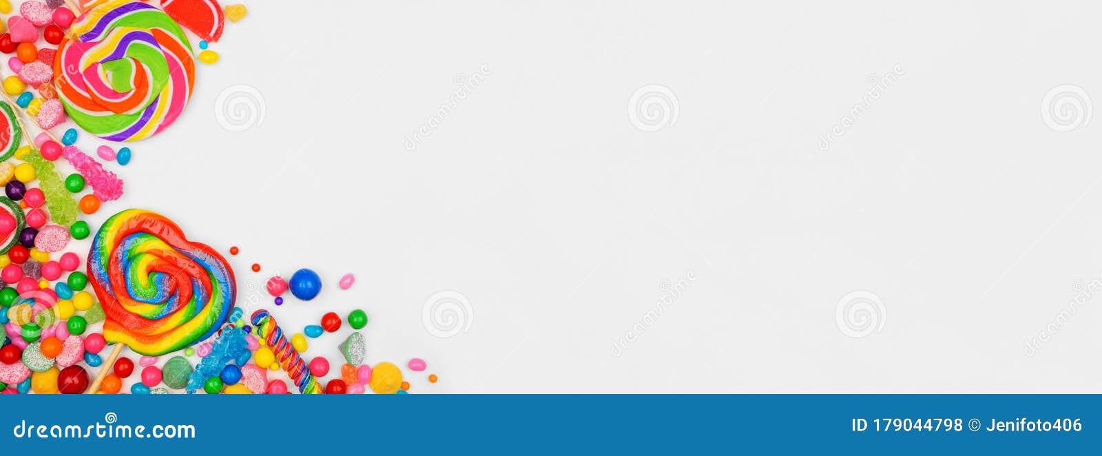 Colorful Assorted Candies, Overhead View Corner Border with a White ...
