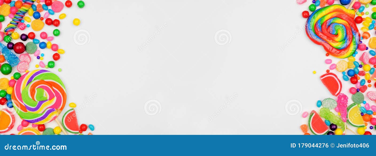 Colorful Assorted Candies, Overhead View Corner Border With A White ...