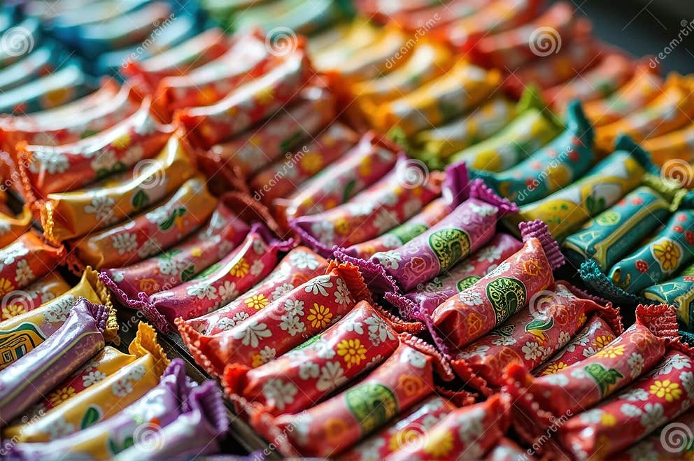 Colorful Assorted Candy Wrappers Displayed in Rows Creating a Vibrant ...