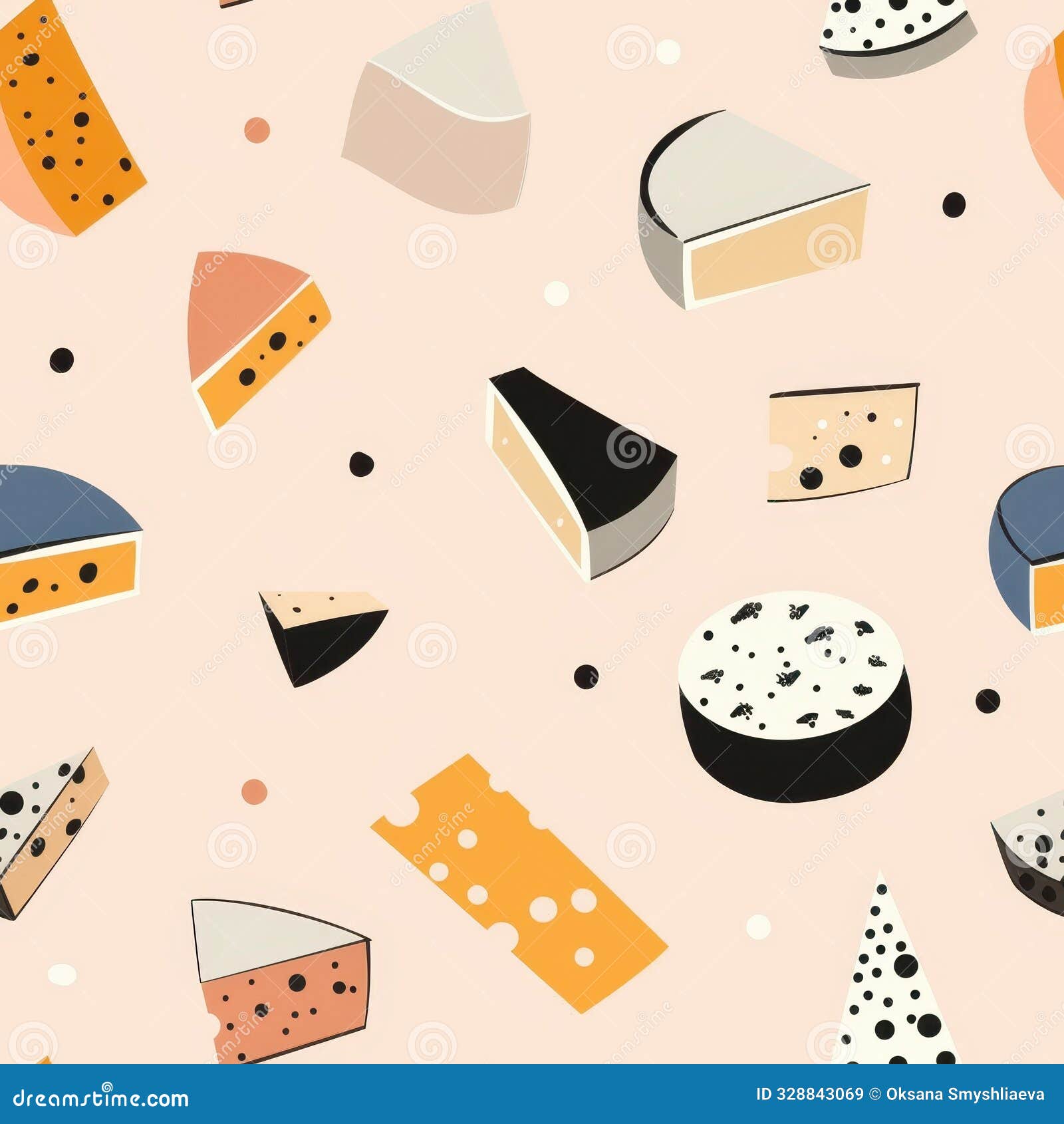 Colorful Assorted Cheese Patterns on Peach Background for Kitchen Decor ...