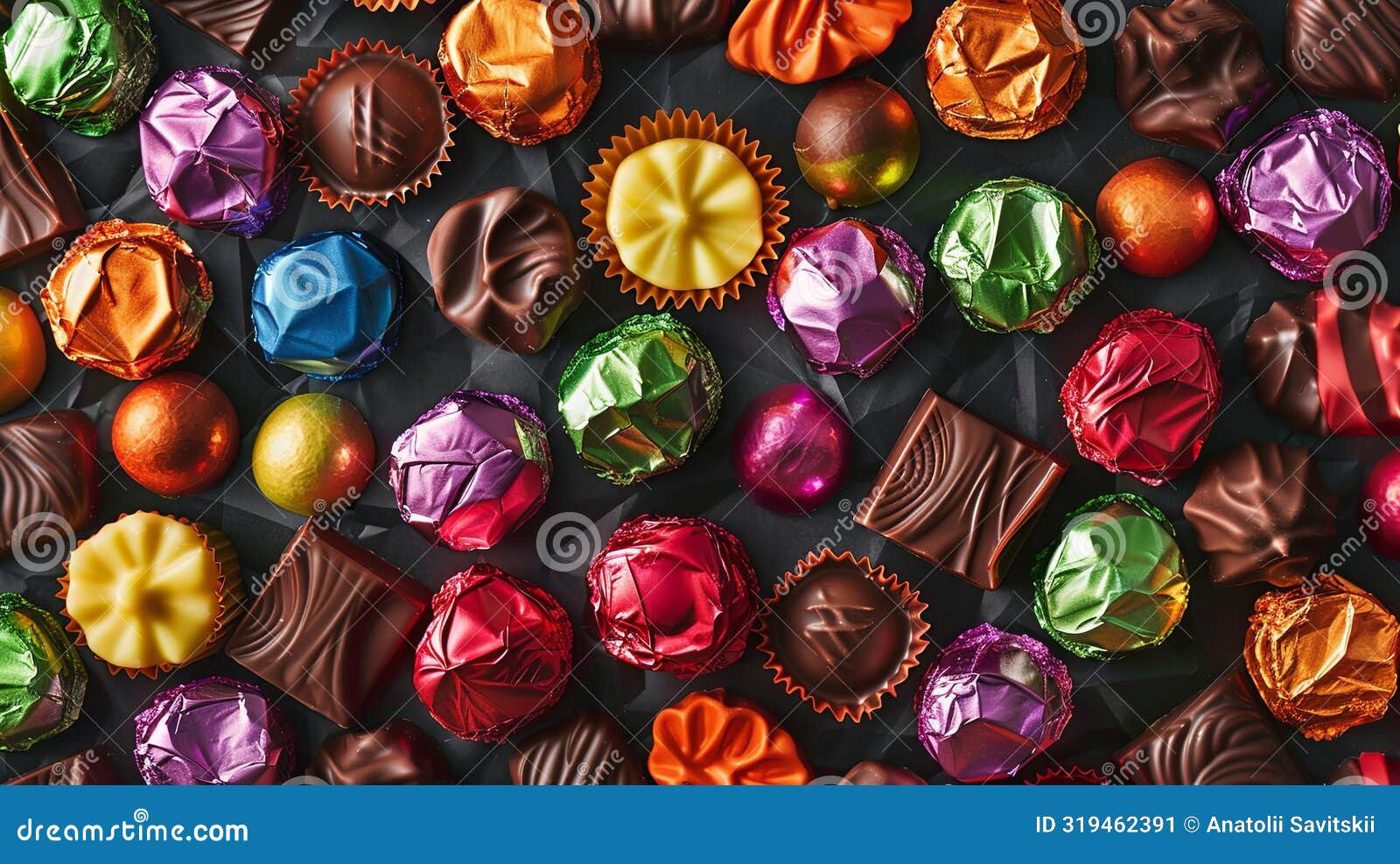 Colorful Assorted Chocolates Spread Out on a Table with Shiny Wrappers ...