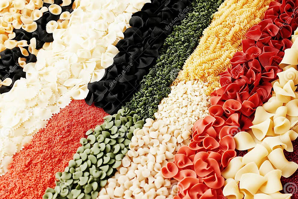 Colorful Assorted Pasta Display with Various Shapes and Textures Stock ...