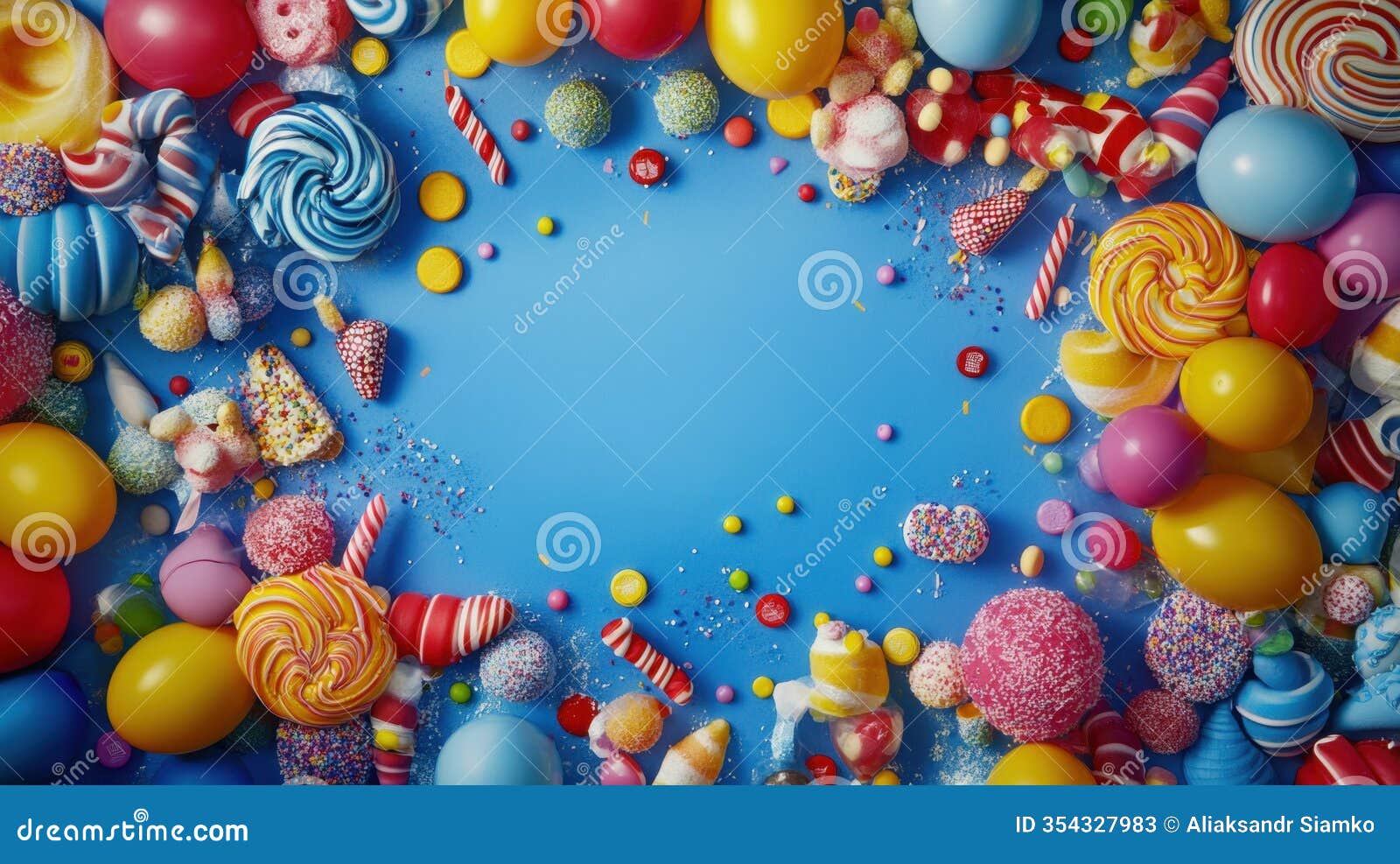 Colorful Assortment of Candies and Balloons on Blue Background Stock ...