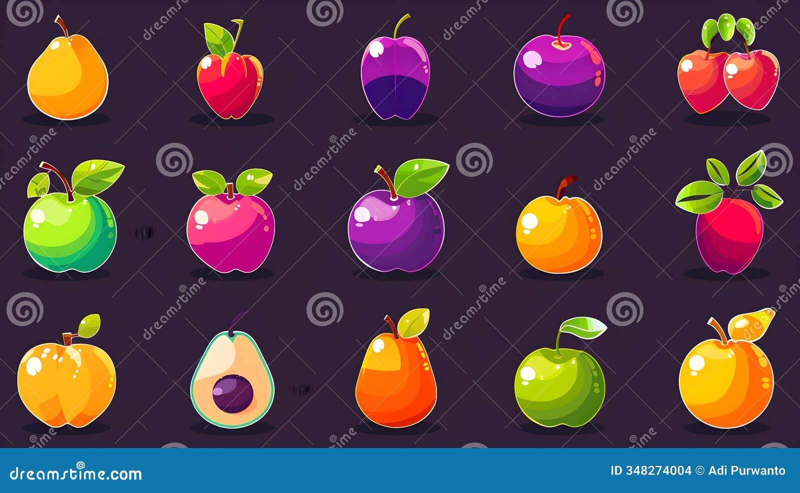 A Colorful Assortment of Cartoon-style Fruits Arranged in a Grid ...