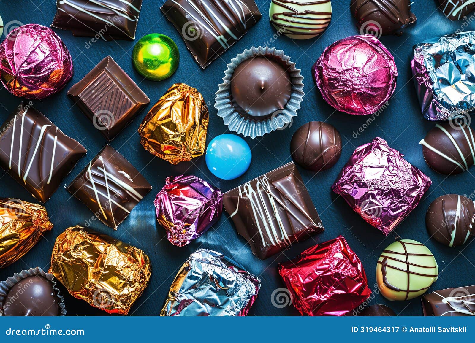 Colorful Assortment of Chocolates Spread Out on a Table with Shiny ...
