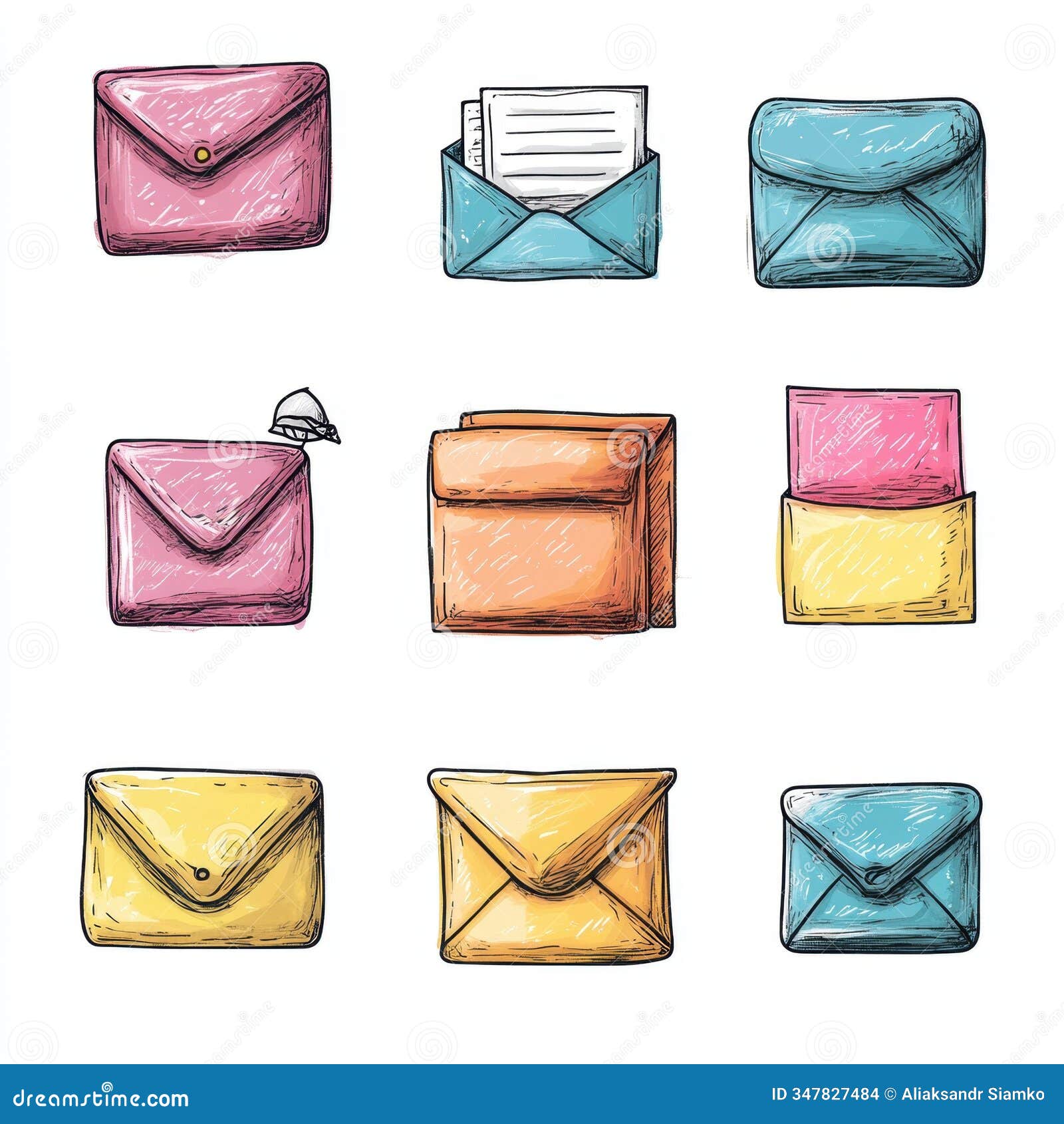 Colorful Assortment of Hand-drawn Envelopes in Various Styles Stock ...