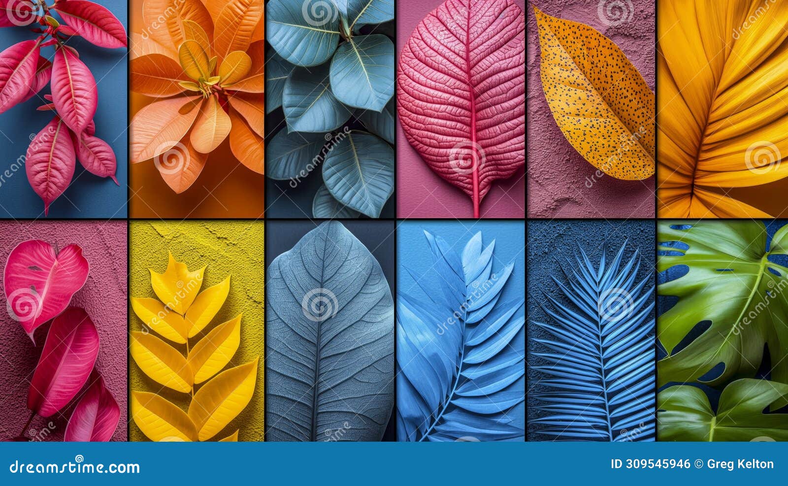 Colorful Assortment of Textured Leaves in a Grid, Each Segment with a ...