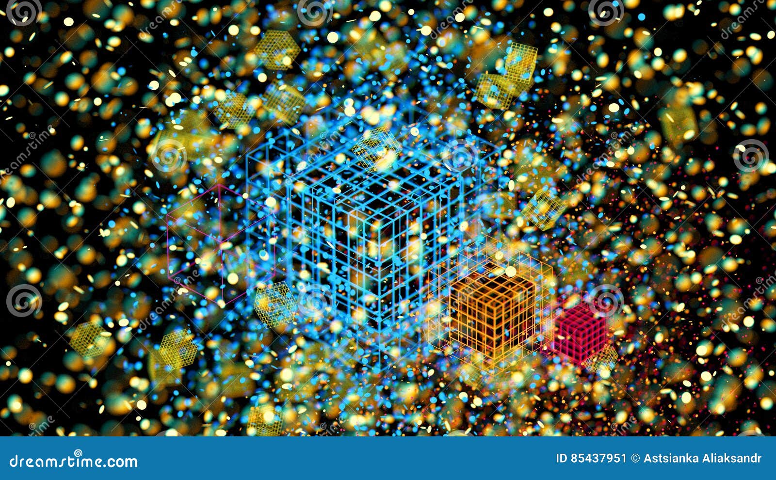 Colorful Atom Grid Cubes, Blur Bokeh Defocused on Black Background, 3D ...