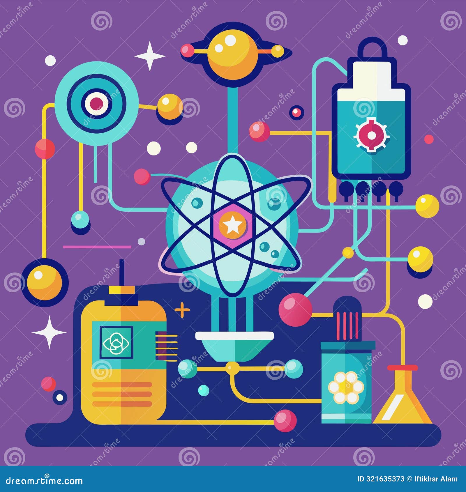 Colorful Atomic Science Illustration with Interconnected Systems and ...