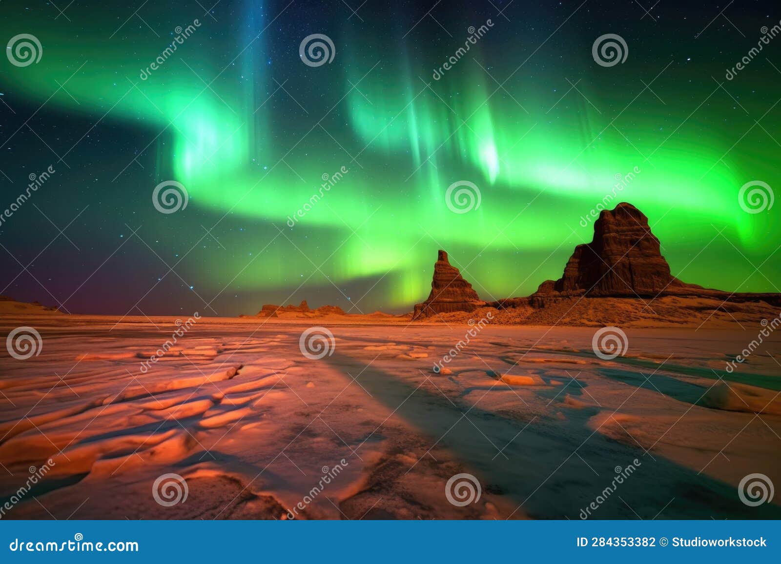 Colorful Aurora Lights Dancing Over Mars Desert Landscape Stock ...