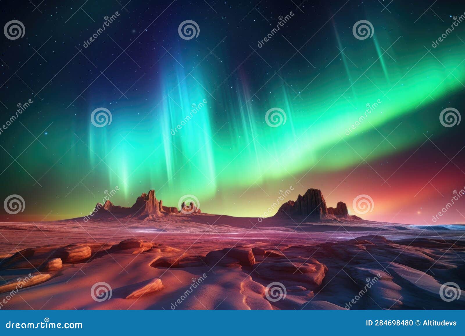 Colorful Aurora Lights Dancing Over Mars Desert Landscape Stock ...