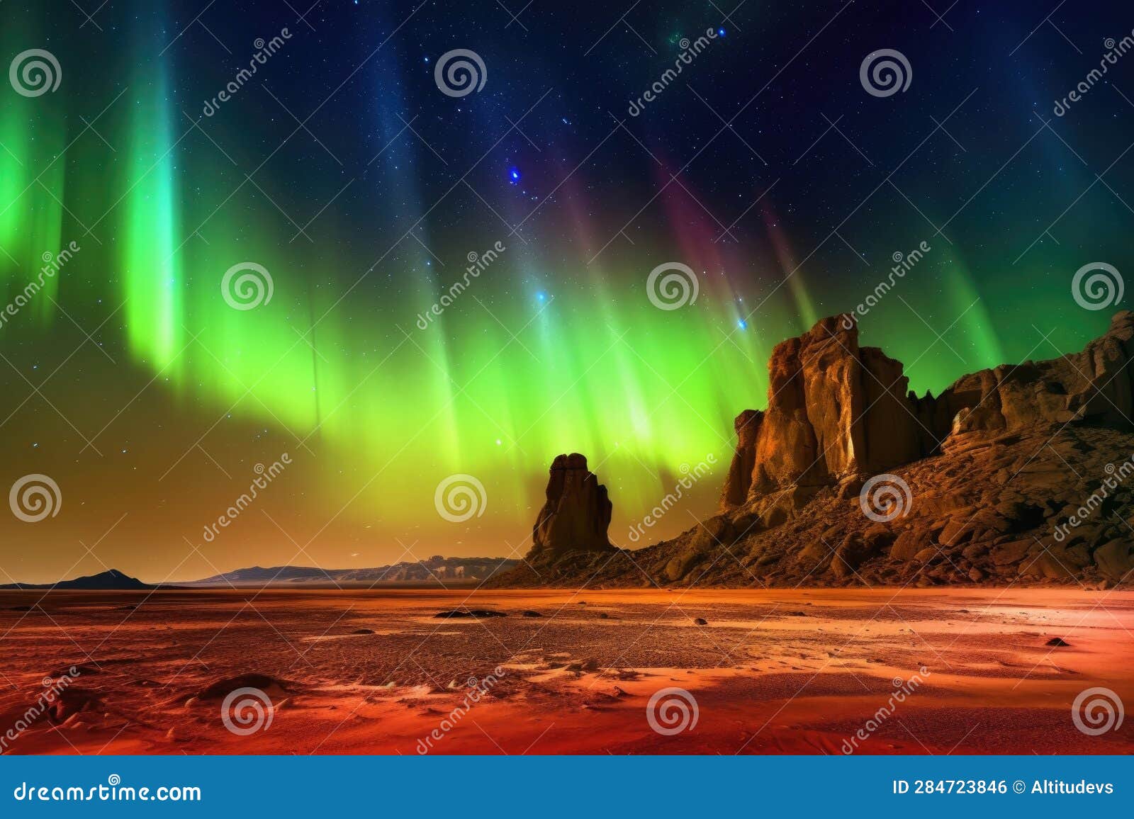Colorful Aurora Lights Dancing Over Mars Desert Landscape Stock ...