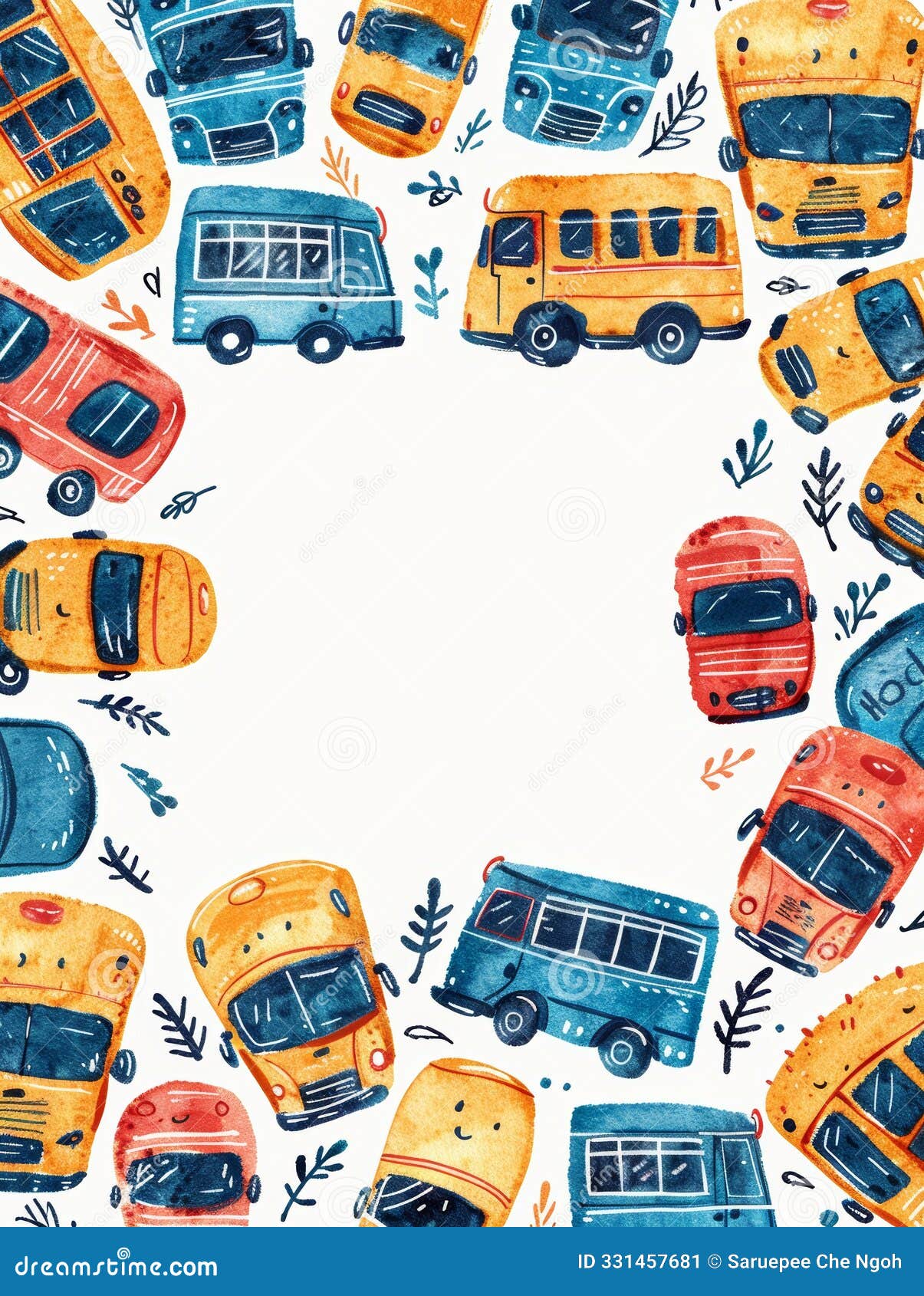 Colorful Back To School Frame Background with HandDrawn Buses and ...