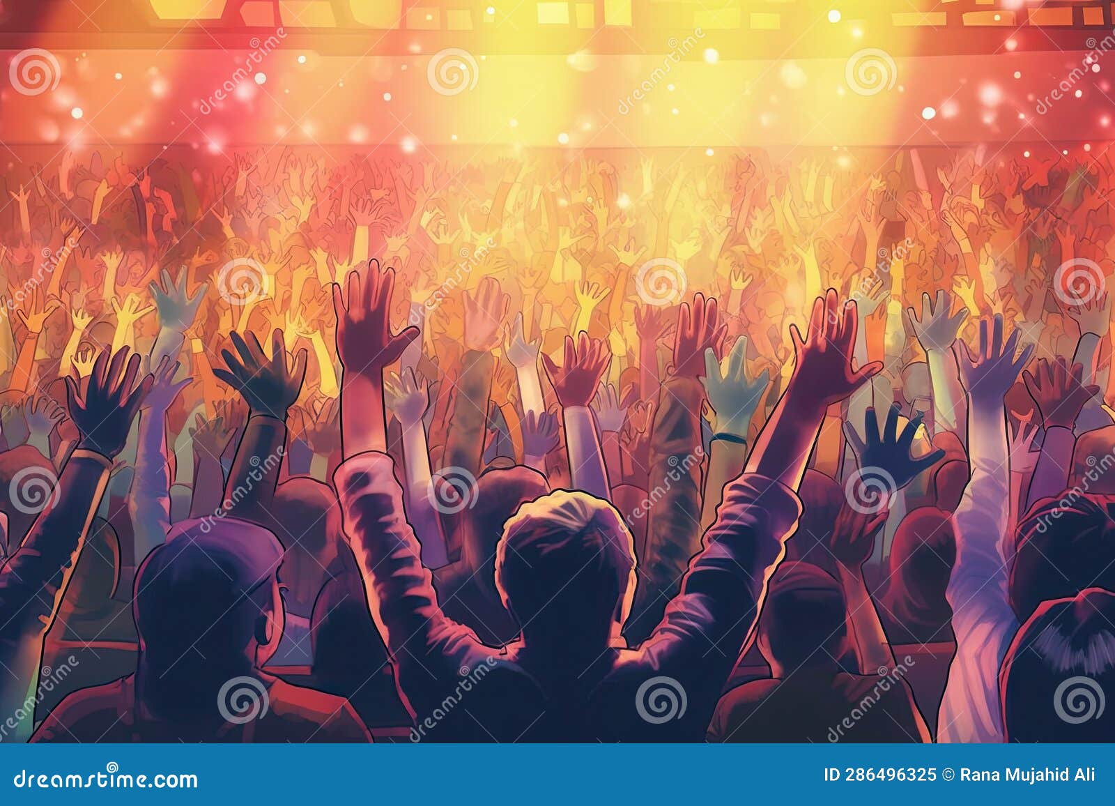 A Colorful Background with a Crowd of Hands Up and the Word Music on it ...
